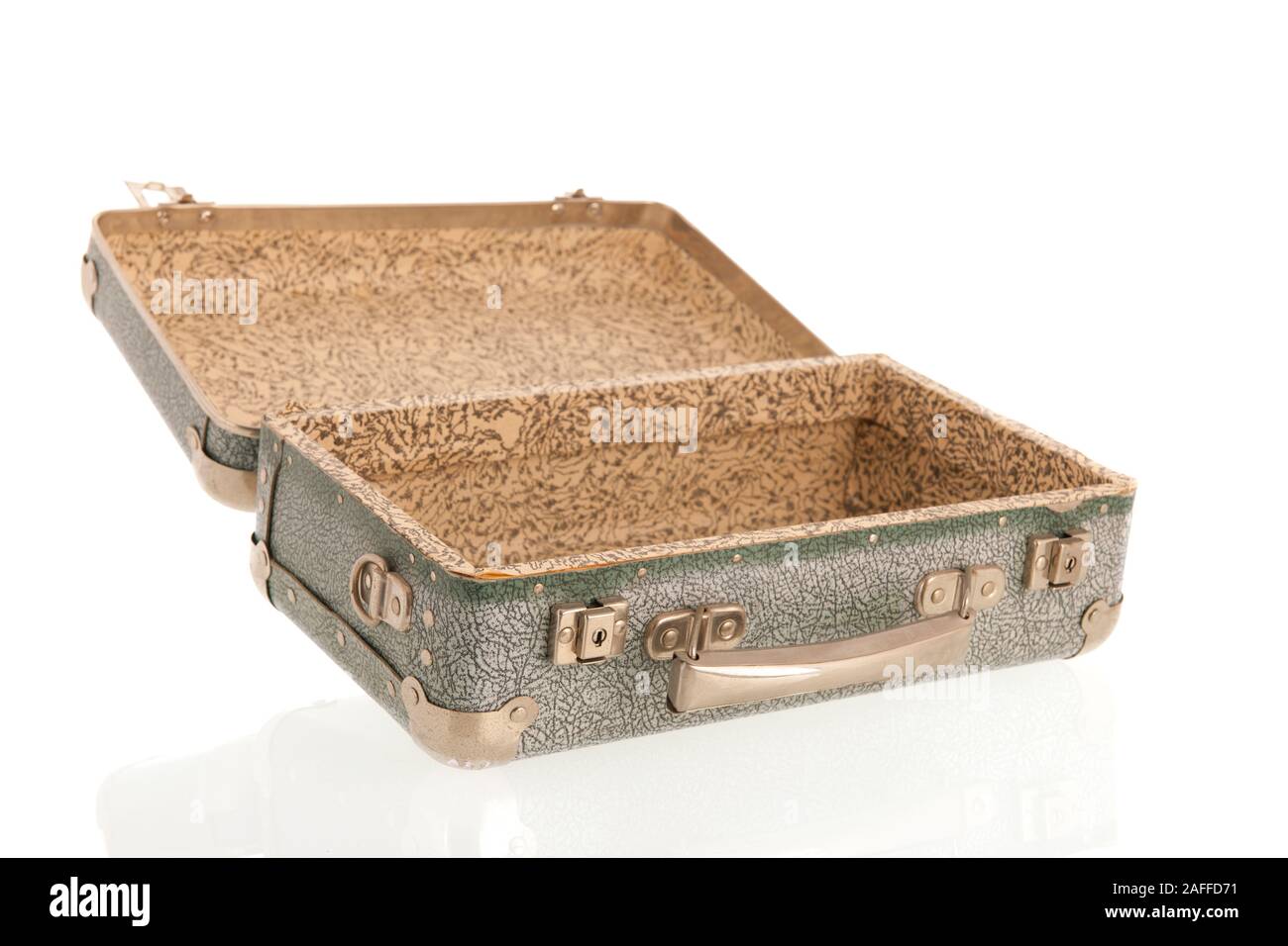 Vintage open carton suitcase isolated over white background Stock Photo ...