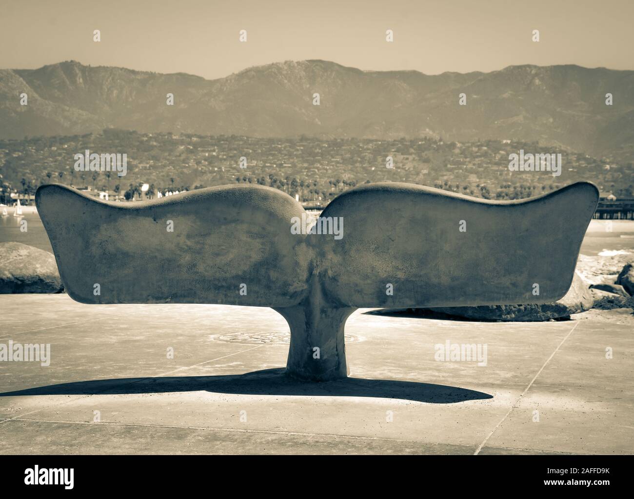 A rear view of a Whale tail sculptured bench at Point Castillo at the ...