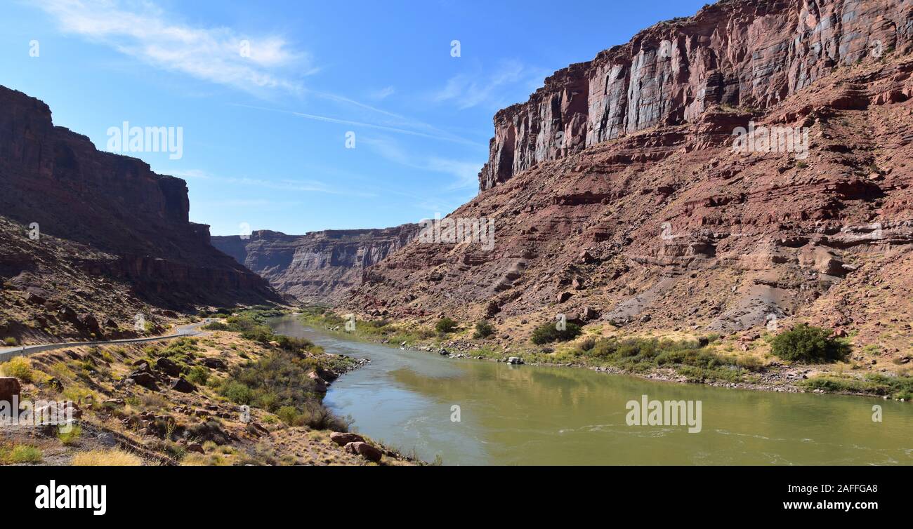 Moab Panorama views of Colorado River Highway UT 128 in Utah around Hal ...
