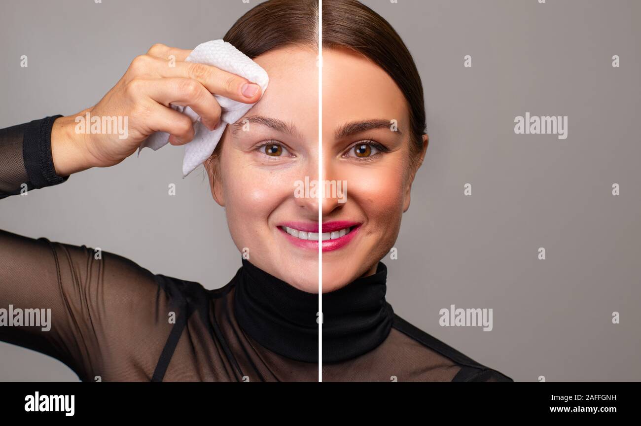 Beautiful woman removing makeup from her face. Skin care and beauty ...