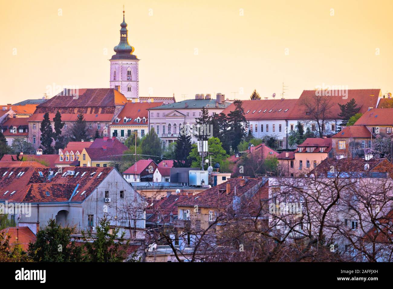 Zagreb historic upper town skyline sunset view, capital city of Croatia ...