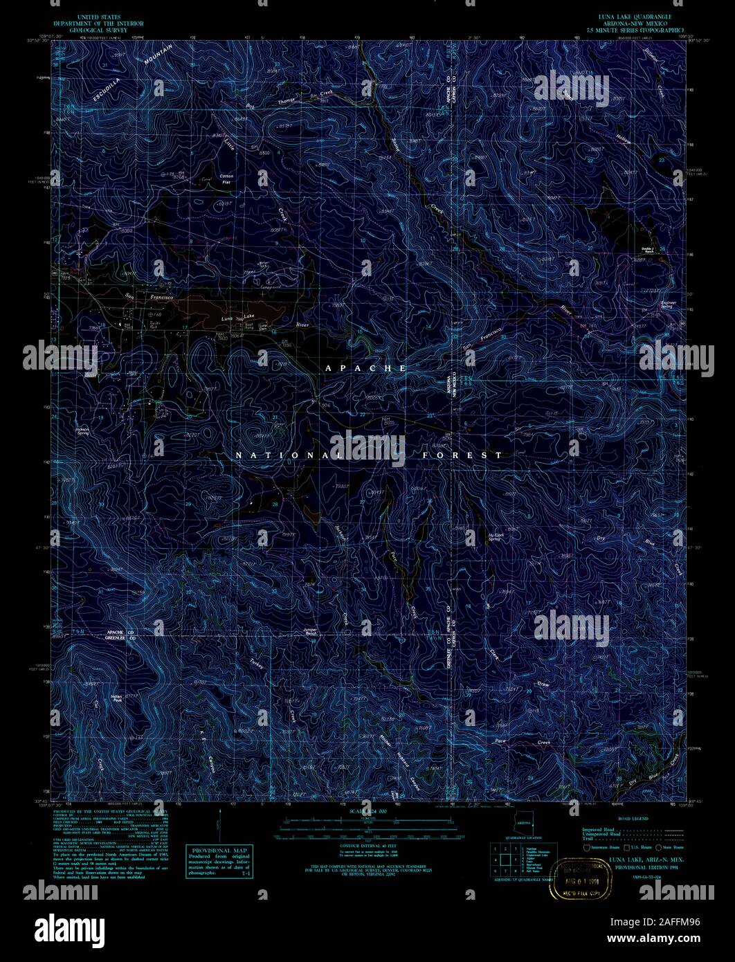 USGS TOPO Map New Mexico AZ Luna Lake 312182 1991 24000 Inverted ...