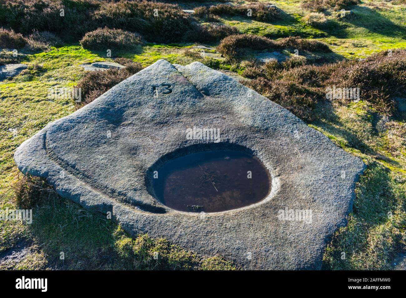 Water trough and runnels cut into a rock to provide water for grouse ...