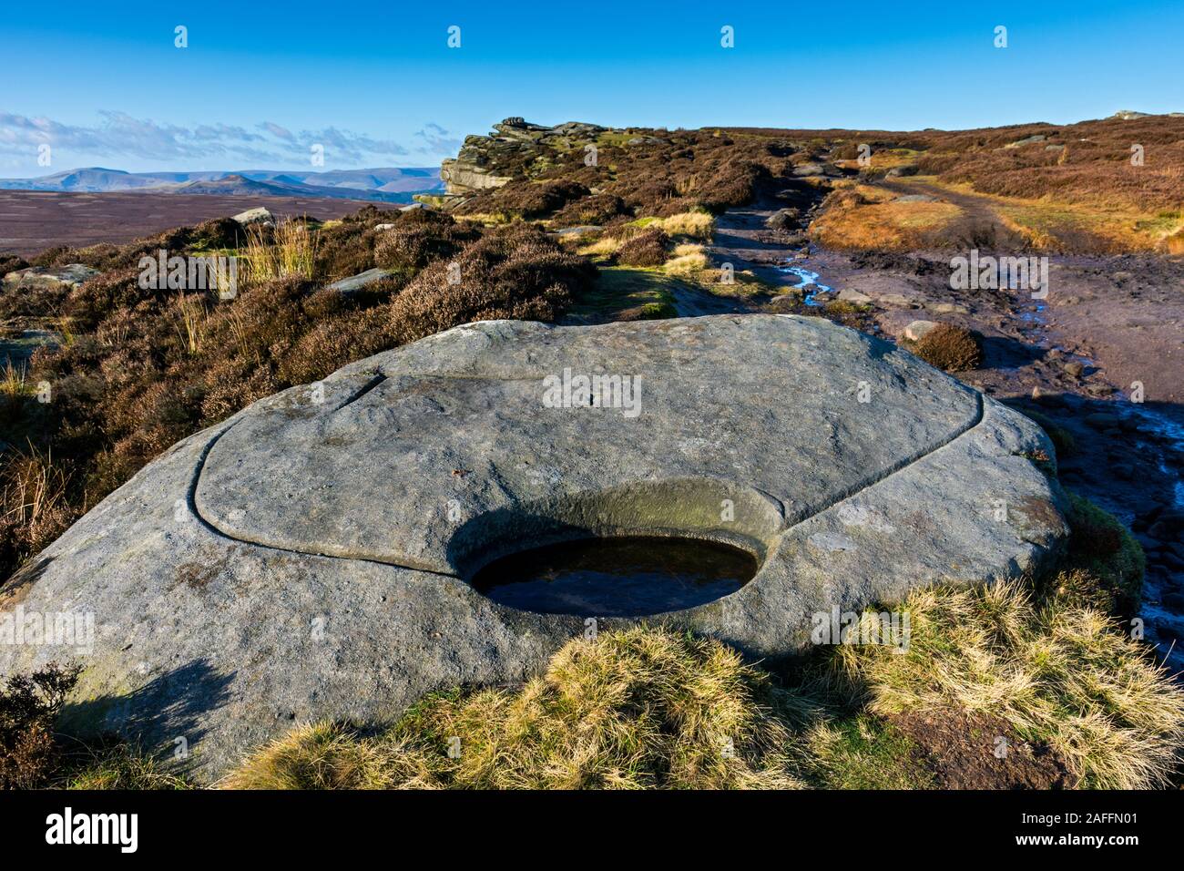 Water trough and runnels cut into a rock to provide water for grouse ...