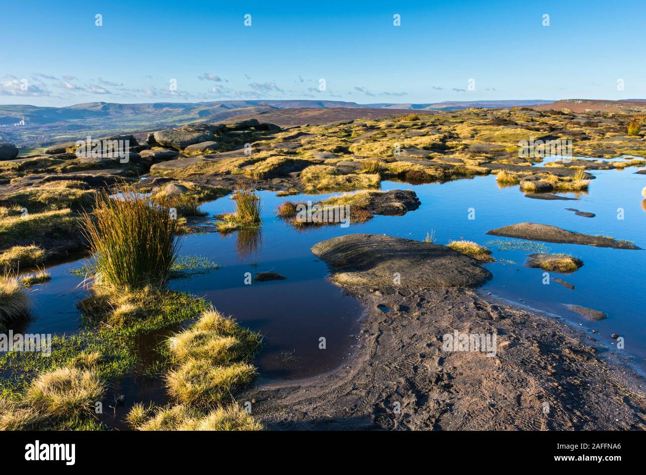 Water pools on Stanage Edge, near Hathersage, Peak District, Derbyshire ...