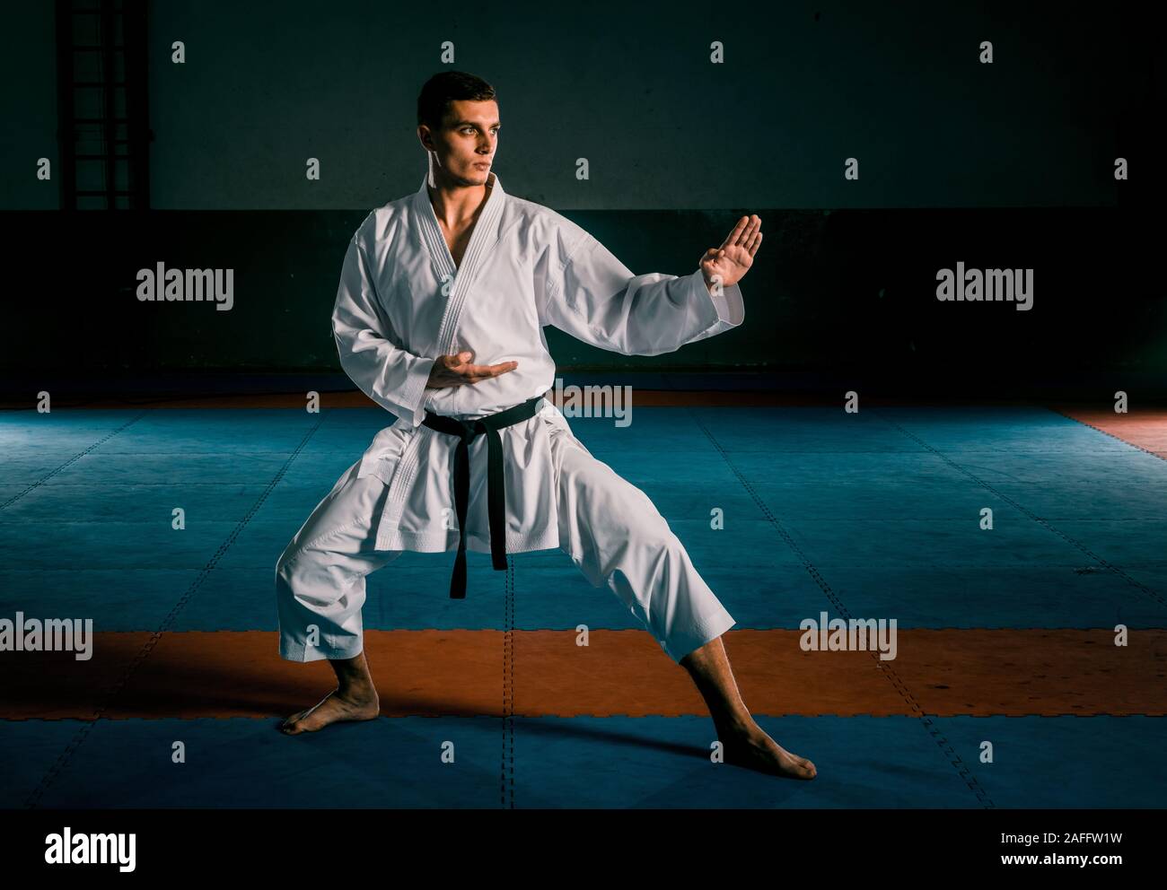 Male karate fighter performing kick isolated on dark background in the ...
