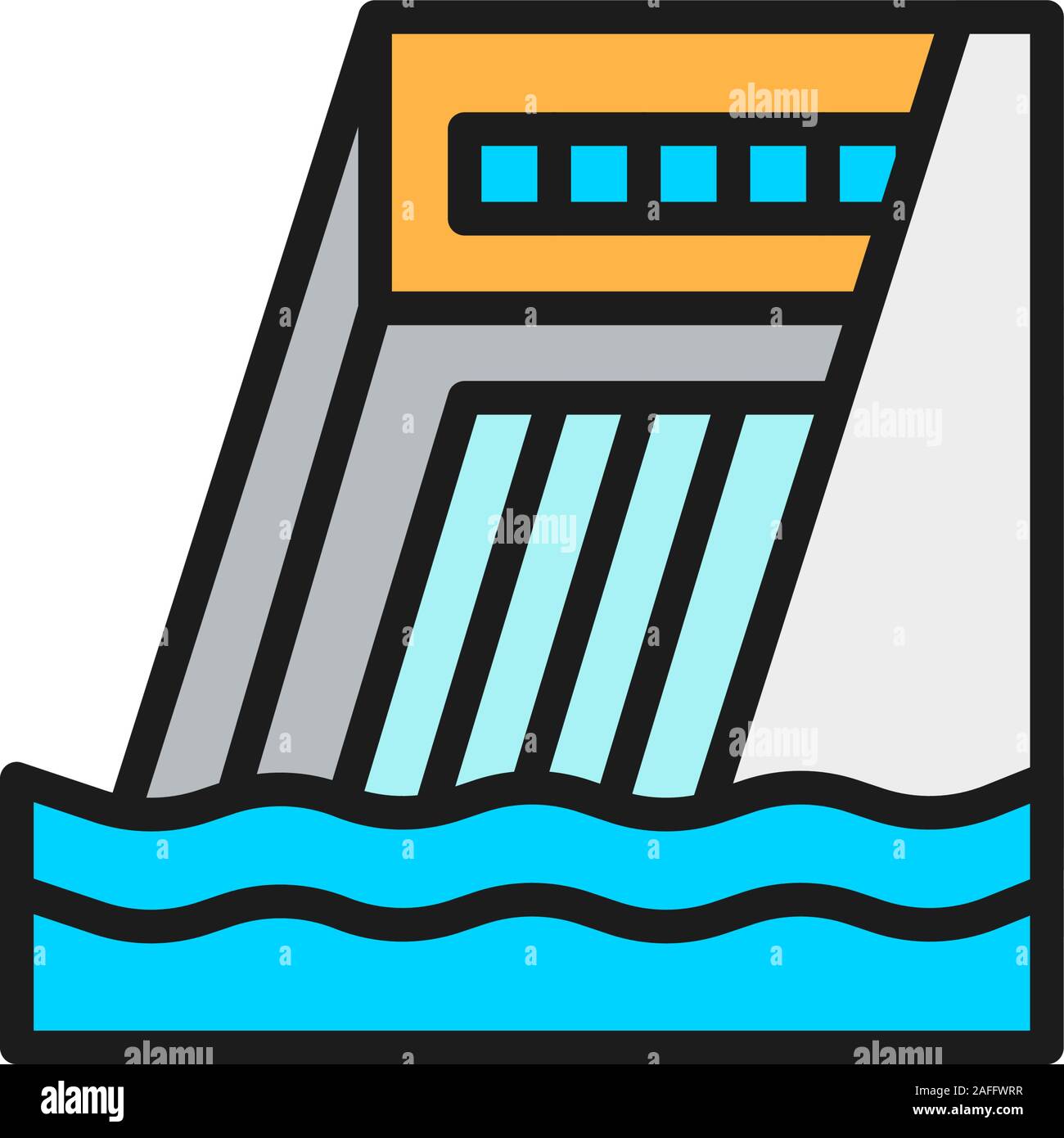 Water dam, hydro power plant, hydroelectric station flat color line ...
