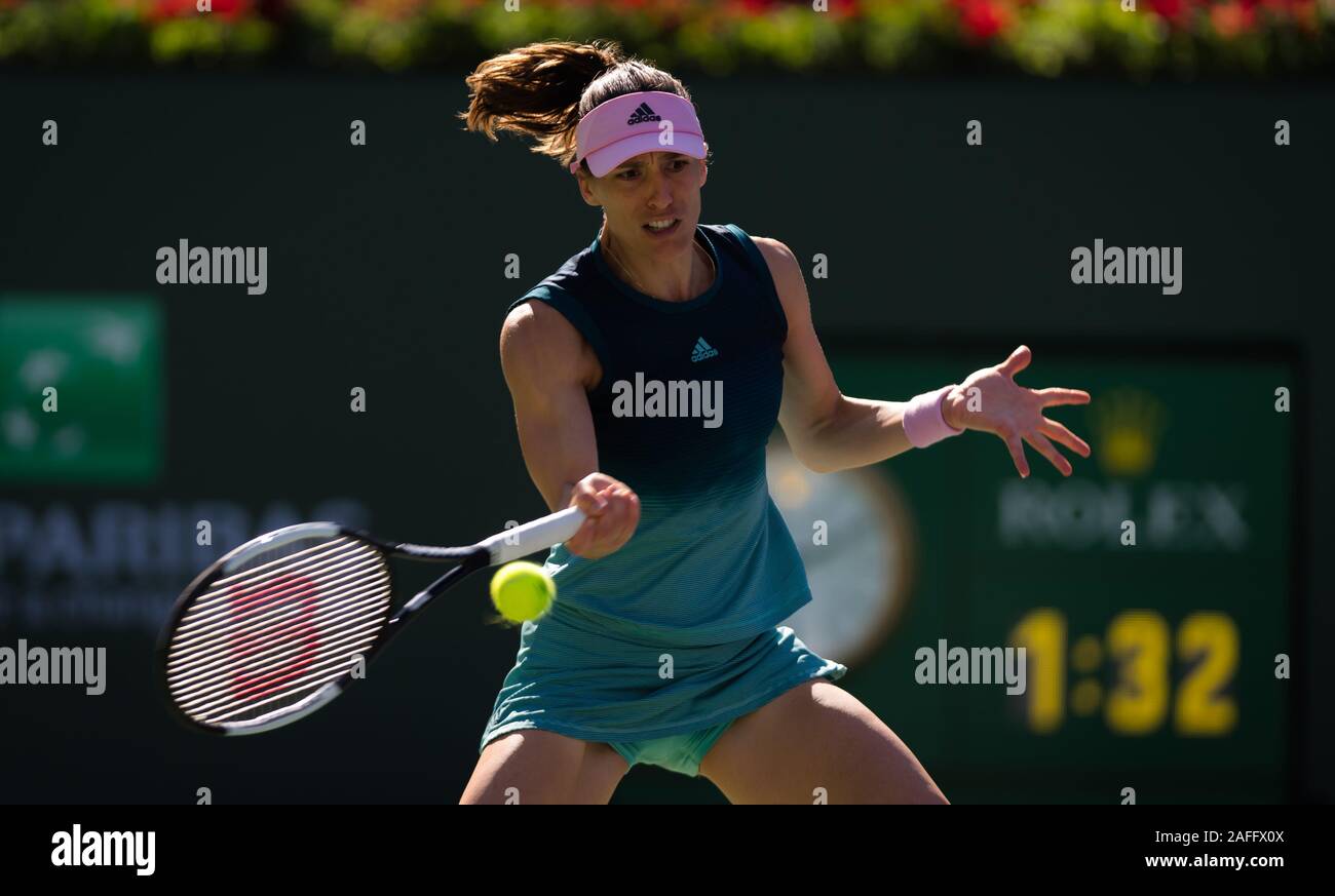 Andrea Petkovic in action during her first-round match at the 2019 BNP Paribas Open WTA Premier ...