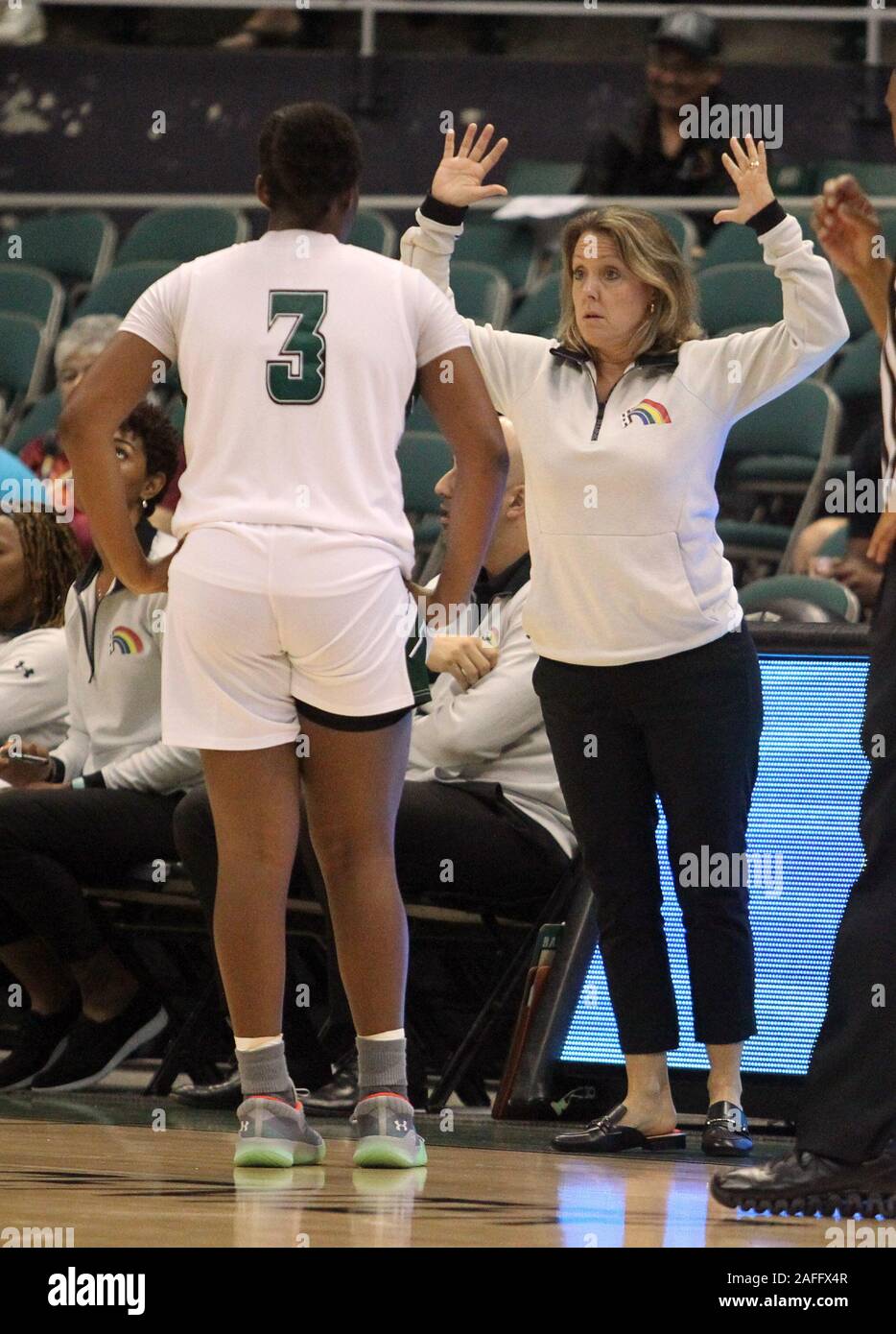 December 6, 2019 - Hawai'i Rainbow Wahine head coach Laura Beeman gives ...