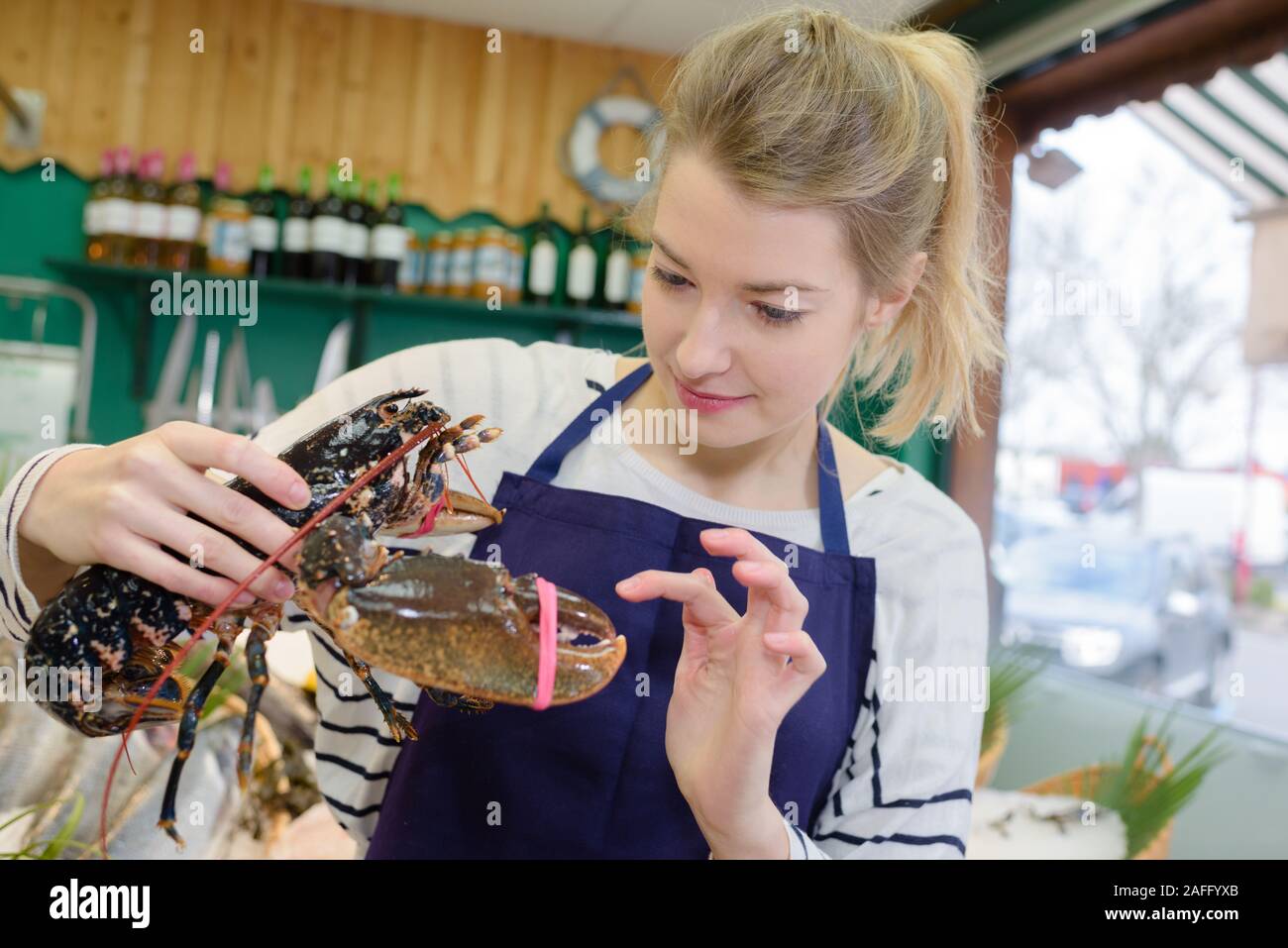 female fishmonger holding lobster Stock Photo - Alamy