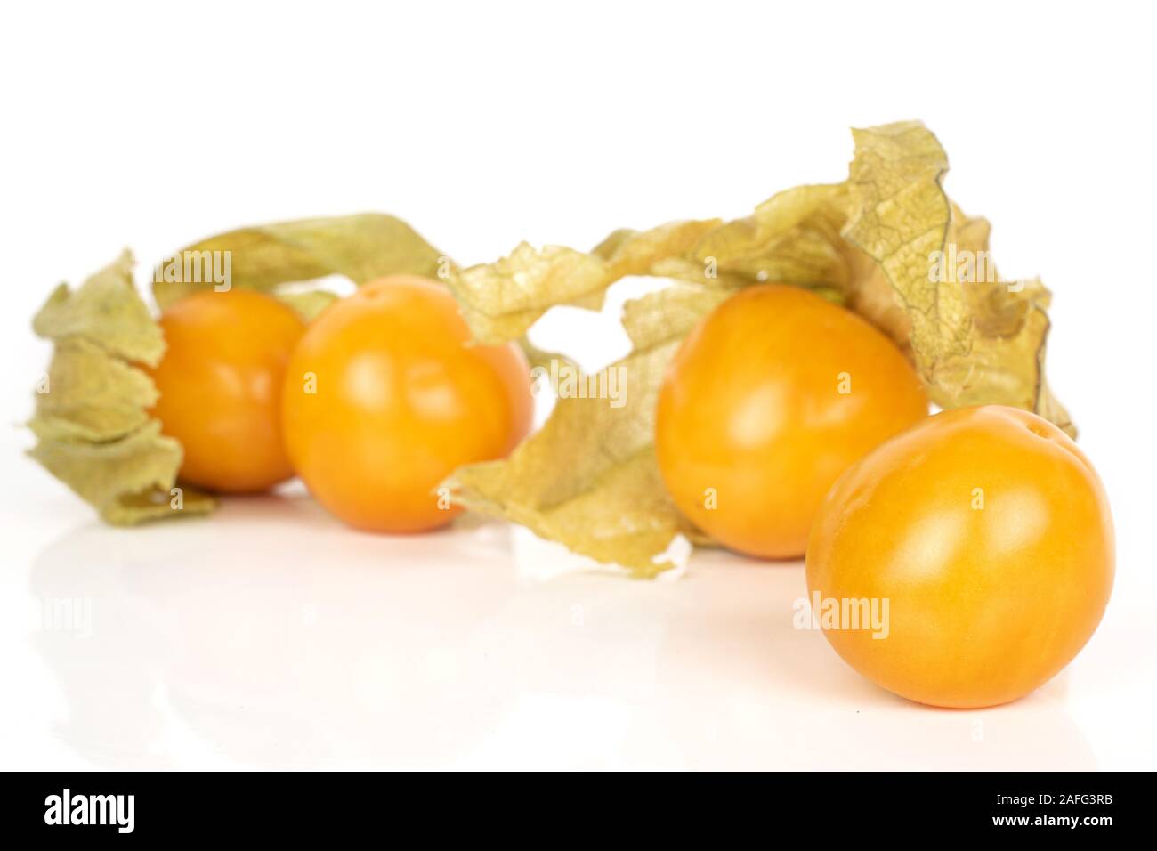 Group of four whole fresh orange physalis isolated on white background ...
