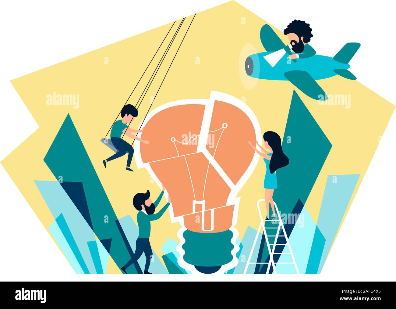 vector illustration. people collect a light bulb. birth of a creative ...