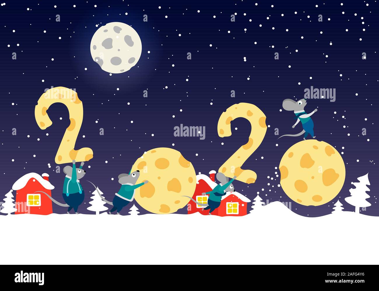 Vector illustration. Horizontal banner with funny cartoon mice carrying ...