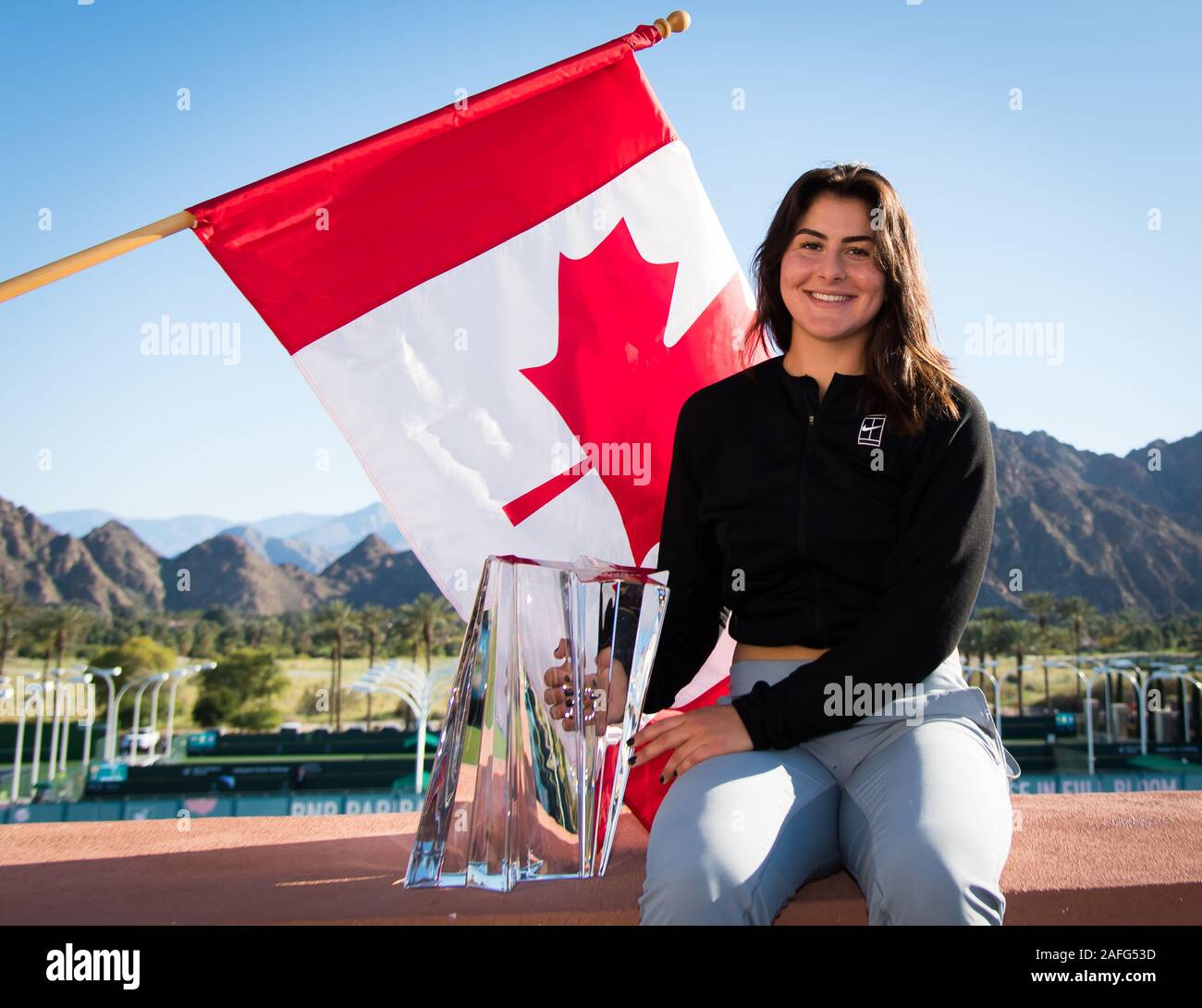 Bianca Andreescu of Canada poses with her trophy during a photo shoot ...