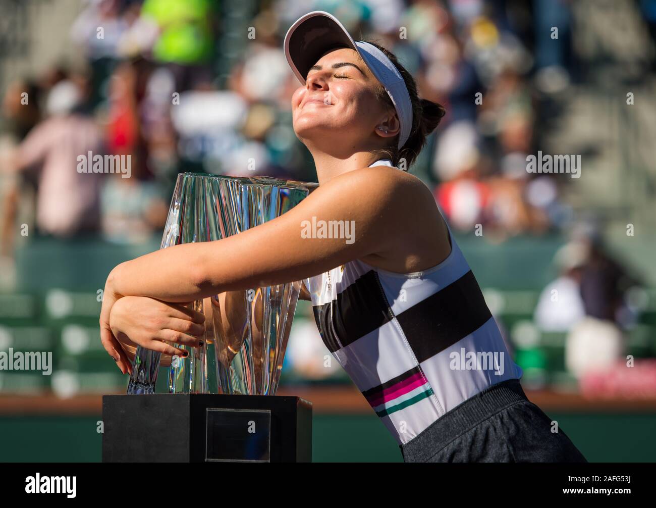 Bianca Andreescu of Canada poses with the trophy after winning the ...