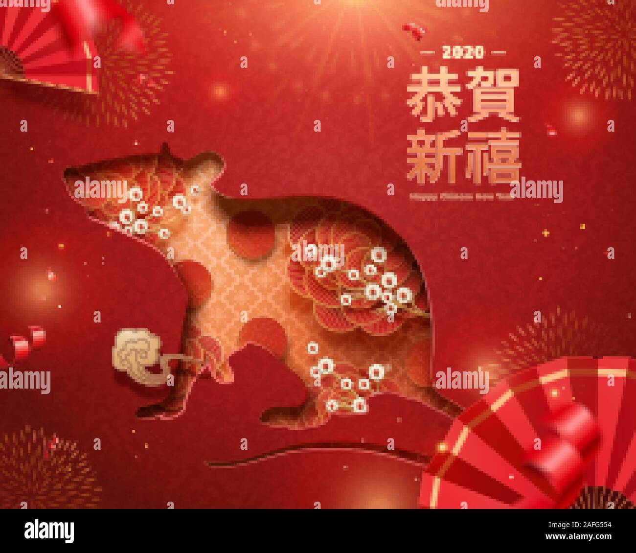 Year of the rat floral design on red background, Chinese calligraphy ...