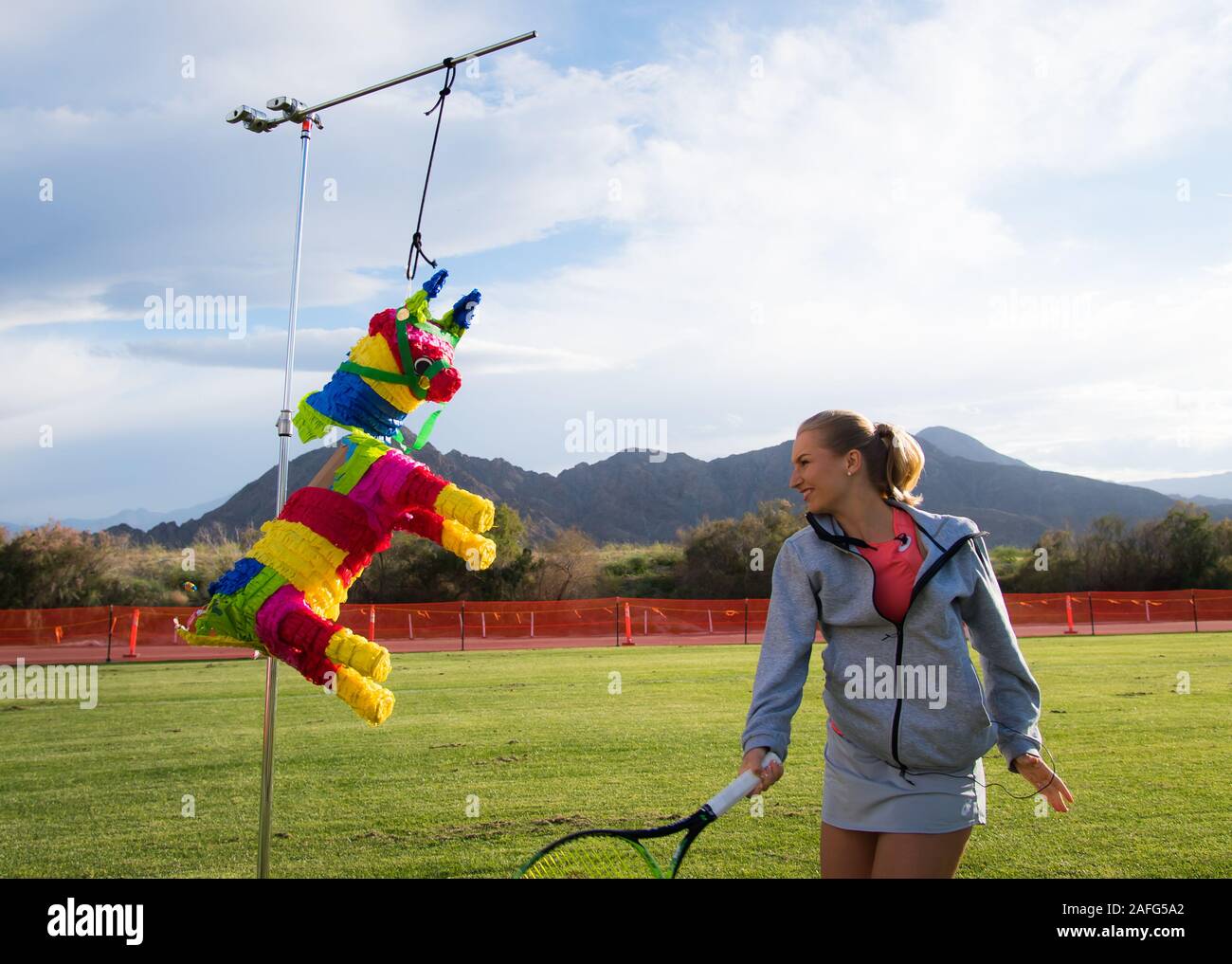 Daria Gavrilova of Australia receives a birthday pinata after her WTA ...