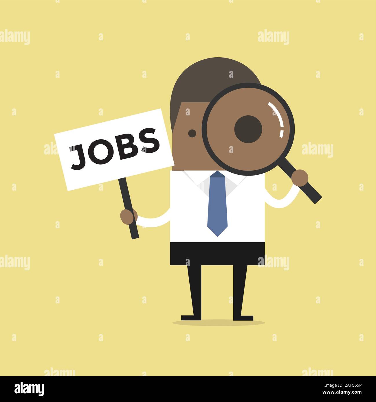 African businessman looking through a magnifying glass with Jobs Sign ...