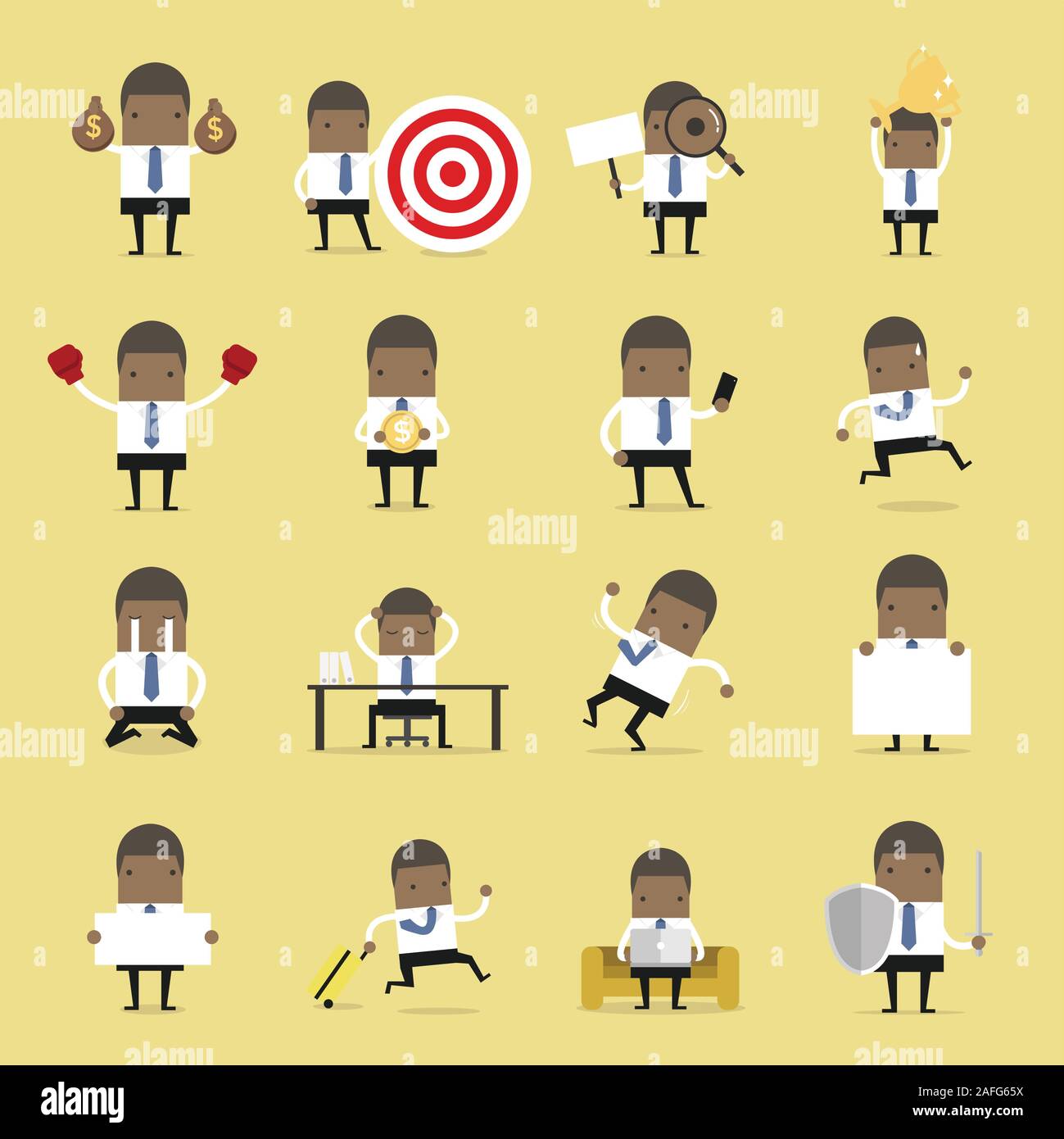 Set of business people. African businessman is in different situations ...