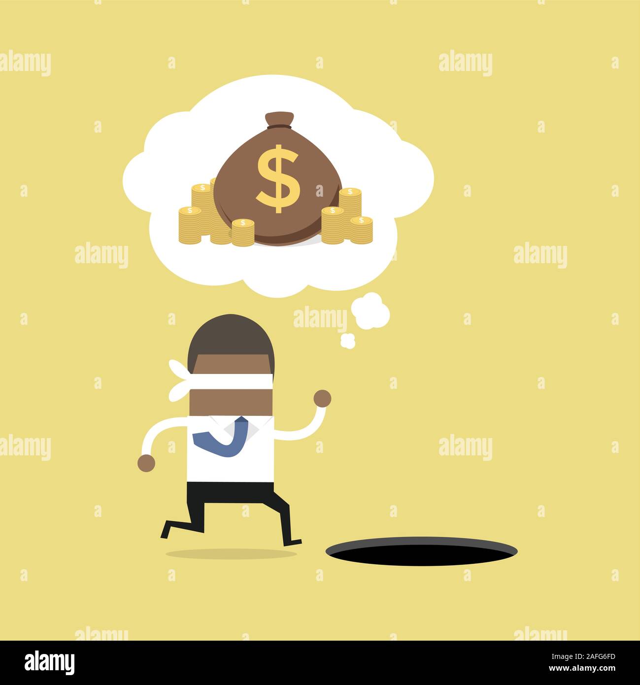 Blindfolded African businessman running to find money with pit hole ...