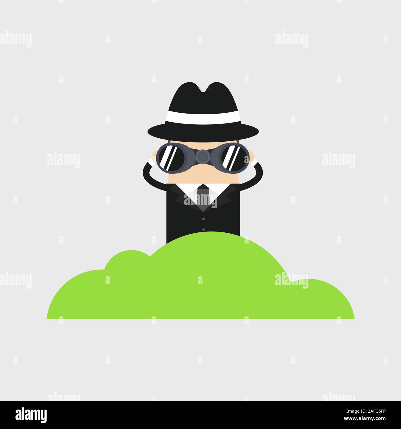 Detective character looking through binoculars from bush, spying ...