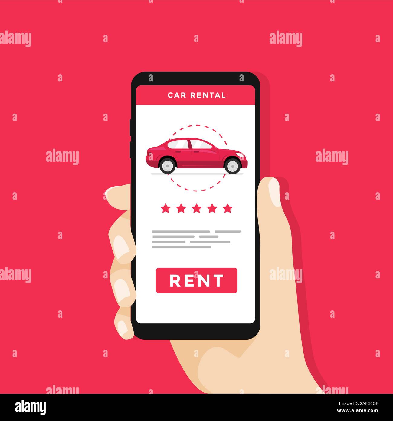 Hand holding smartphone with car icons and rent a car button on screen ...