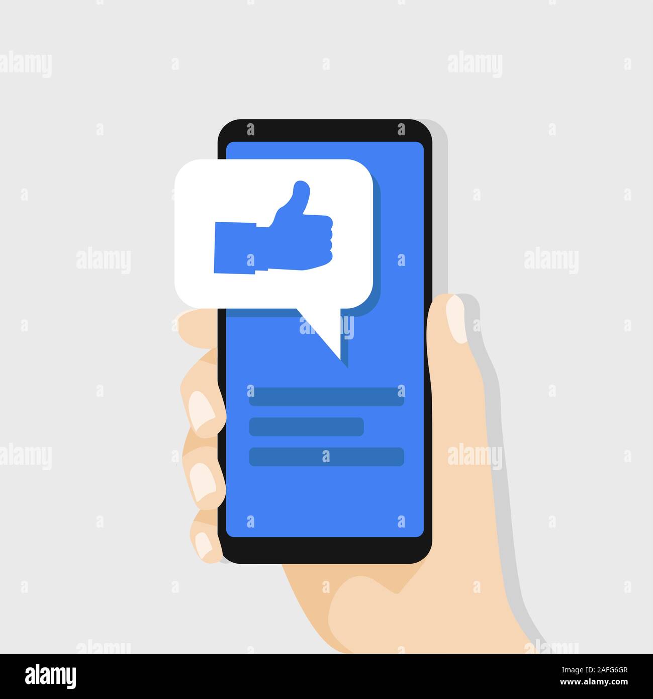Hand holding smartphone with like message on screen. Social network ...