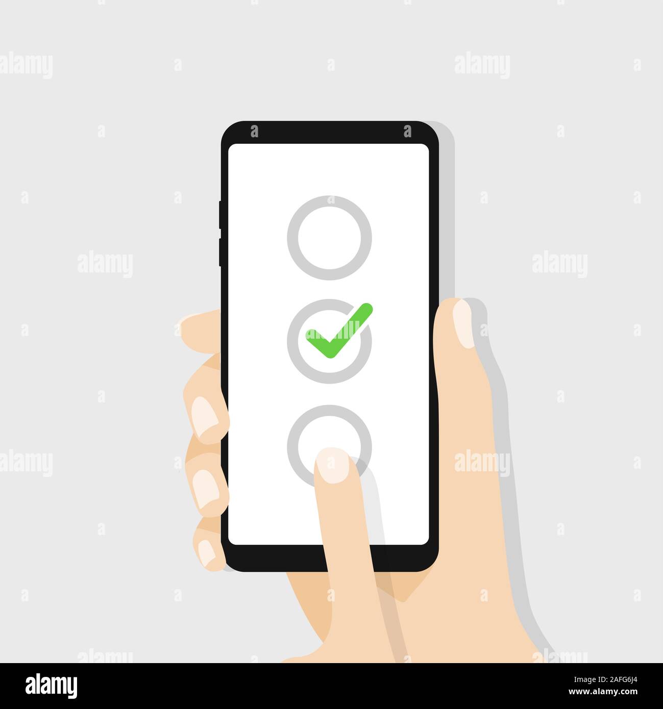 Checkboxes on smartphone screen. Hand hold smartphone, finger touch ...
