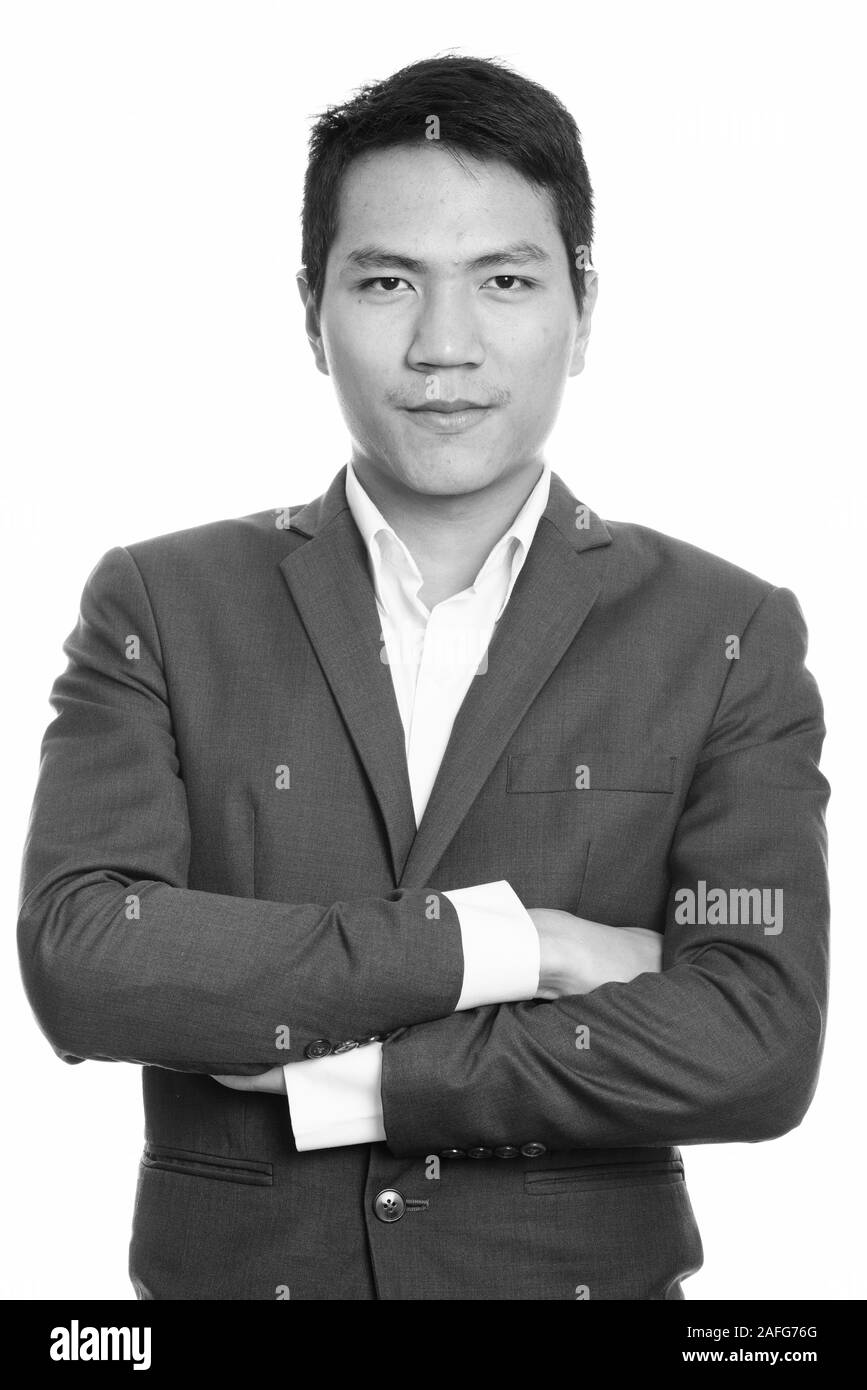 Handsome businessman arms up Black and White Stock Photos & Images - Alamy