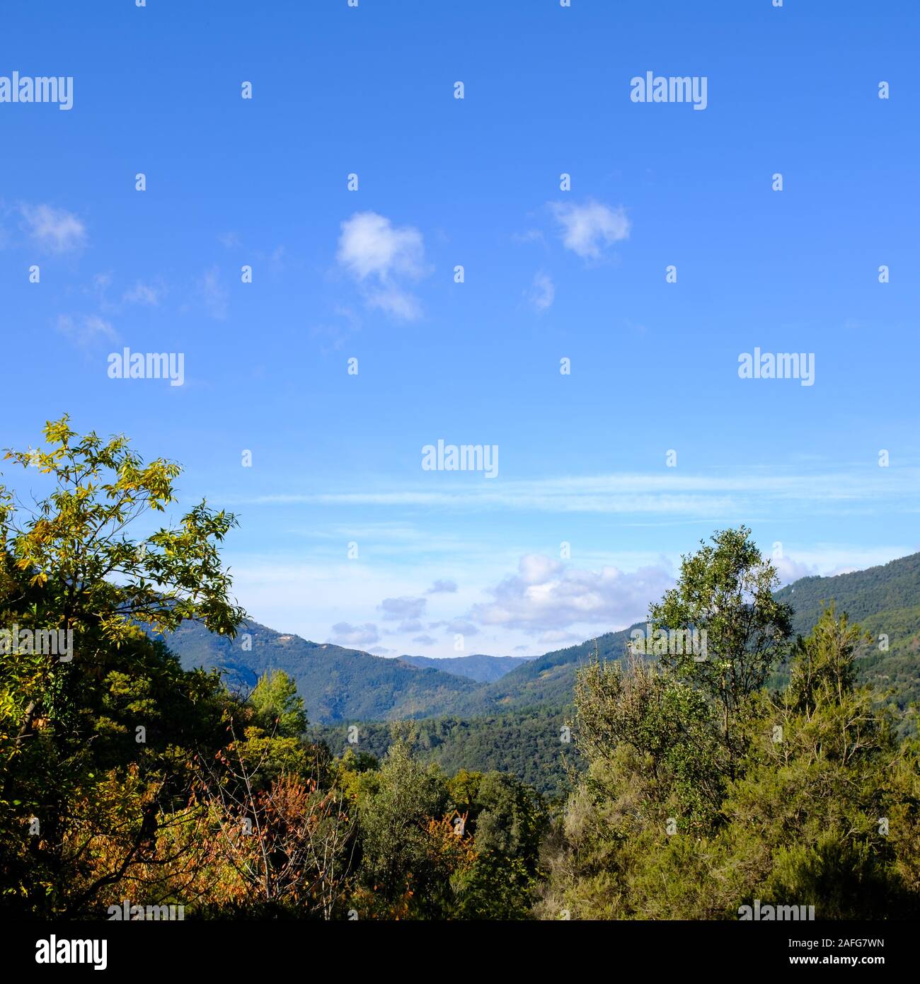 Solid blue sky sunny mountain landscape on Pyrenees mounts in Catalonia ...