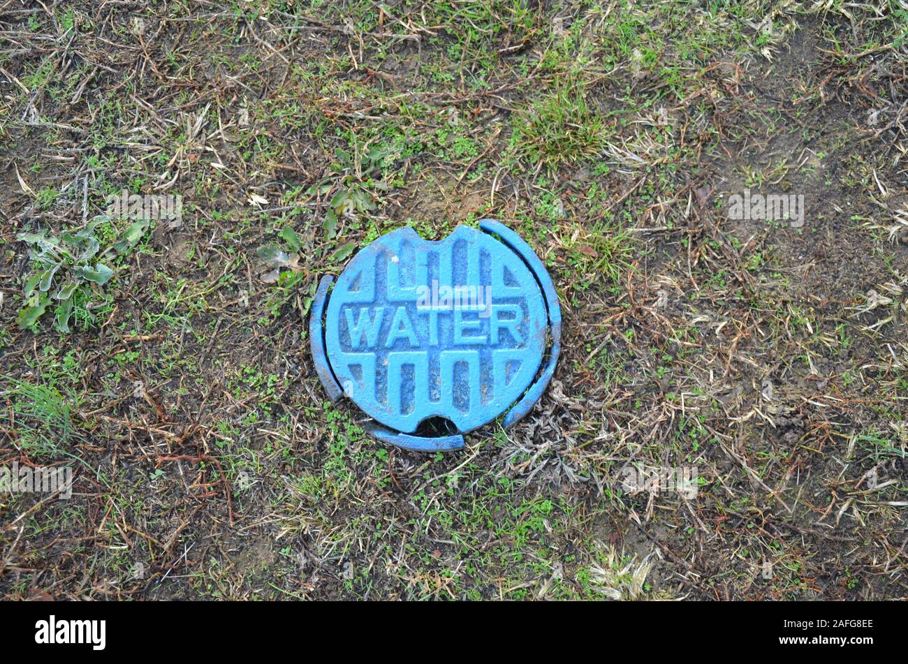 blue water sign and access panel with green grass or lawn on ground ...