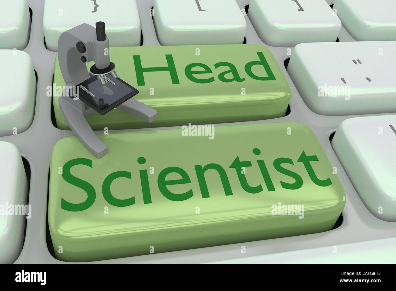 3D illustration of computer keyboard with the script Head Scientist on two adjacent pale green ...