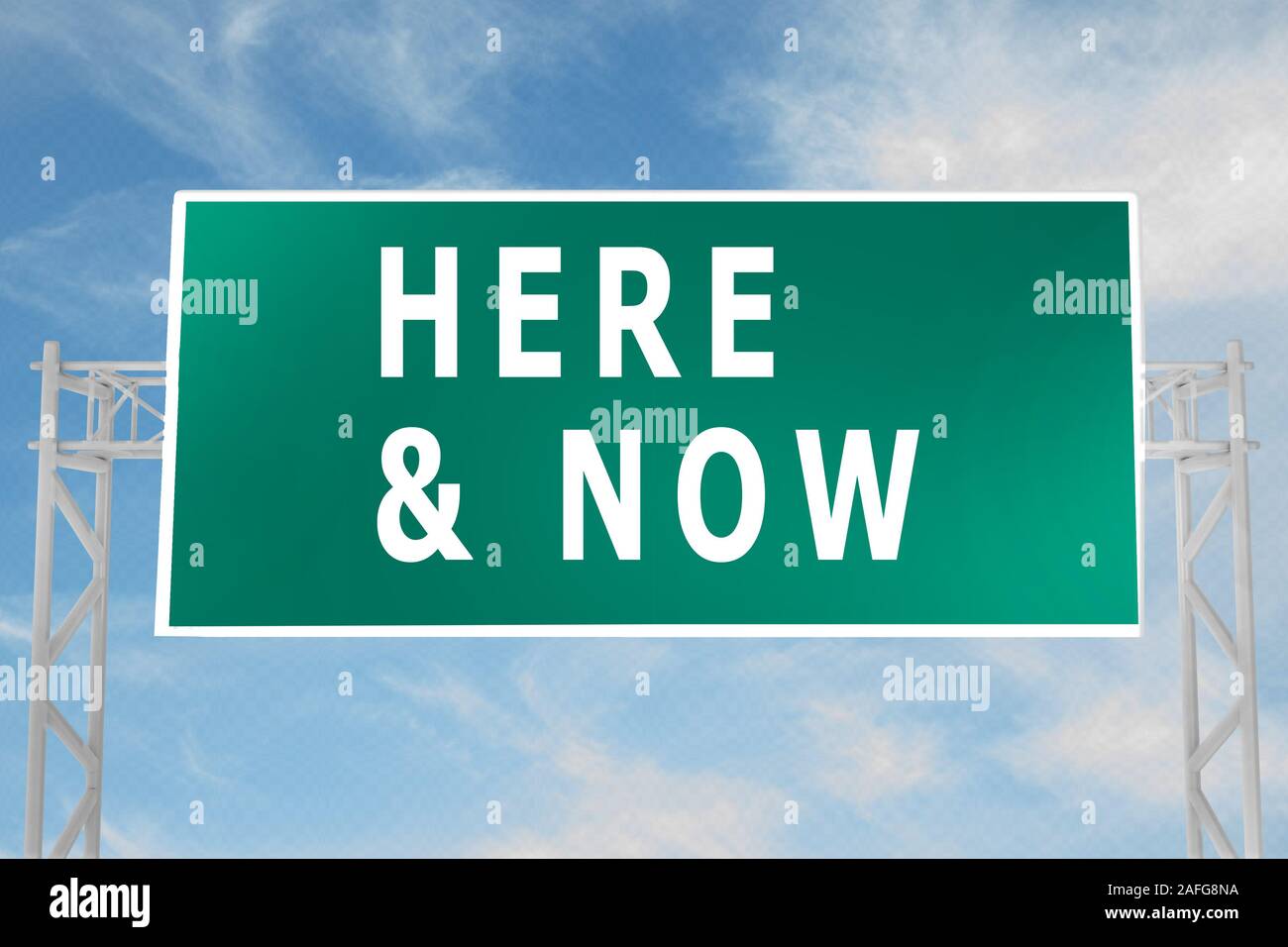 3D illustration of HERE & NOW script on road sign Stock Photo - Alamy