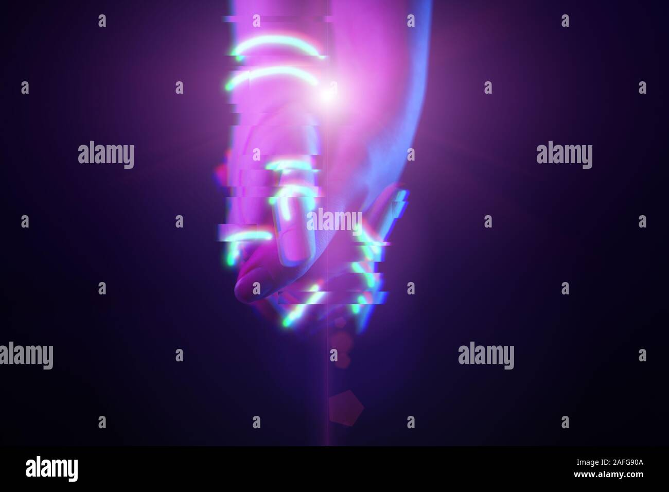 Man holds the hand of a robot created by digital technology. The ...