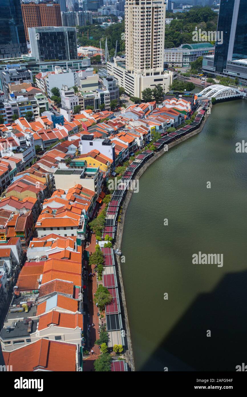 Aerial vertical view of Boat Quay is a popular destination for tourists ...