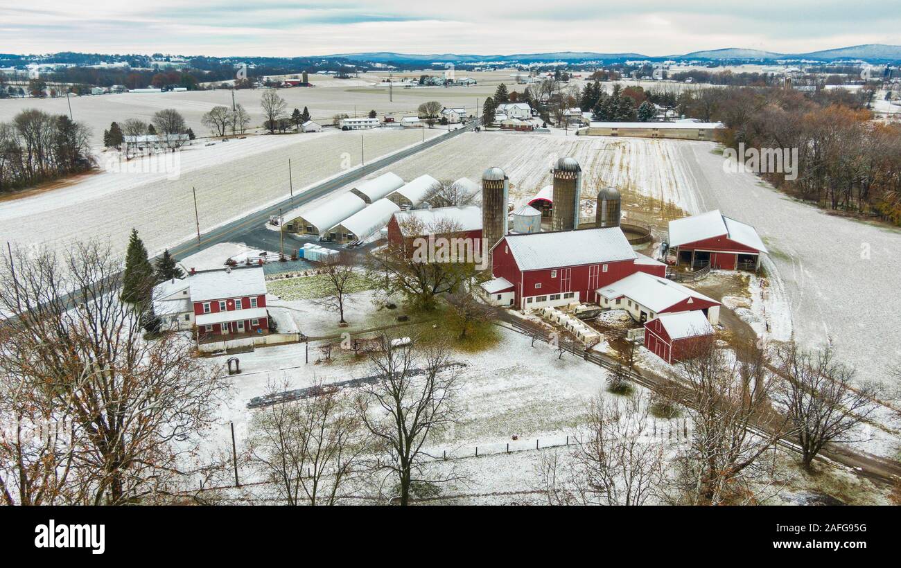 Traditional American farm with red buildings behind trees after first ...