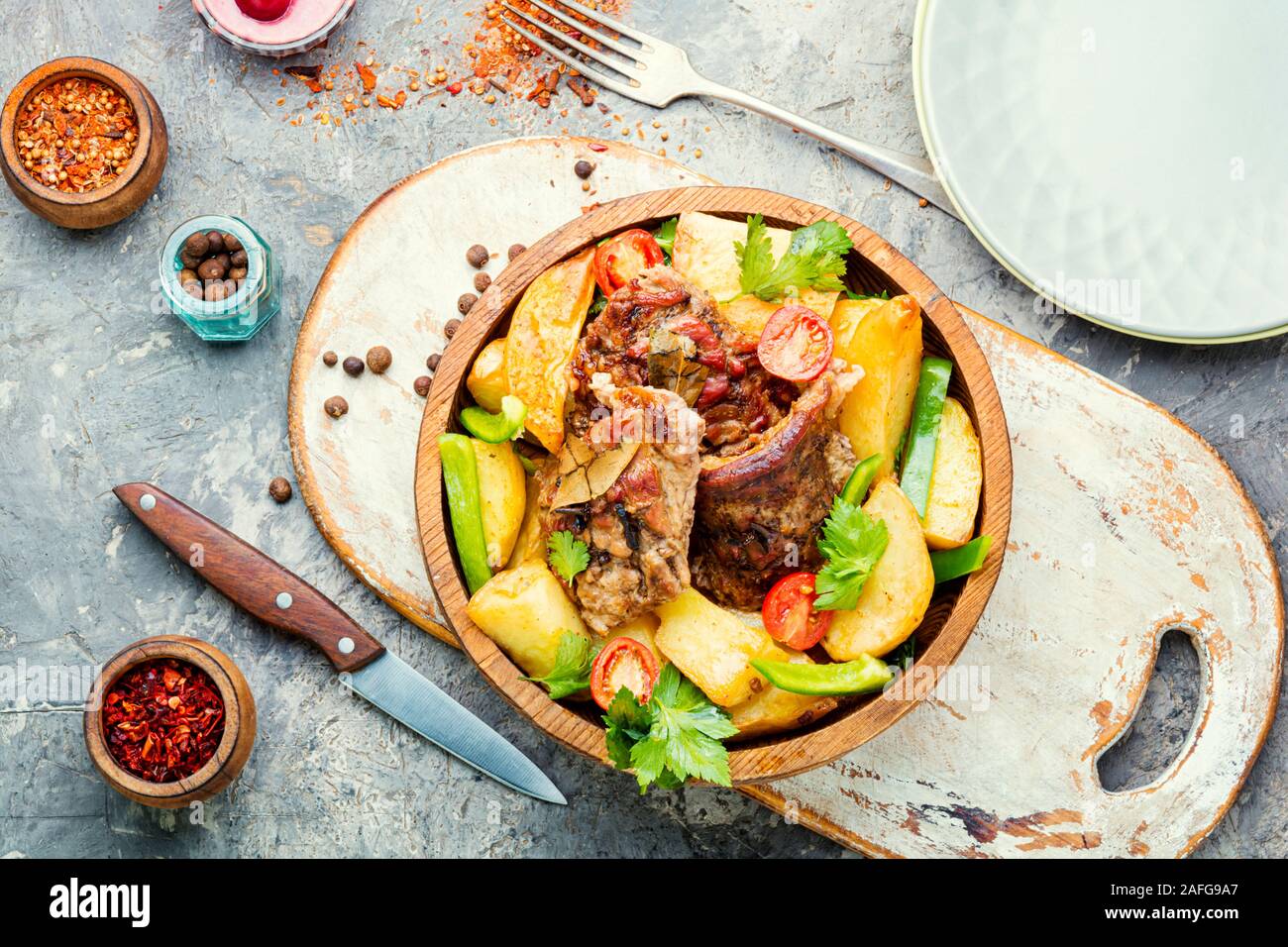 Danish meat baked with new potatoes.Roasted meat Stock Photo - Alamy