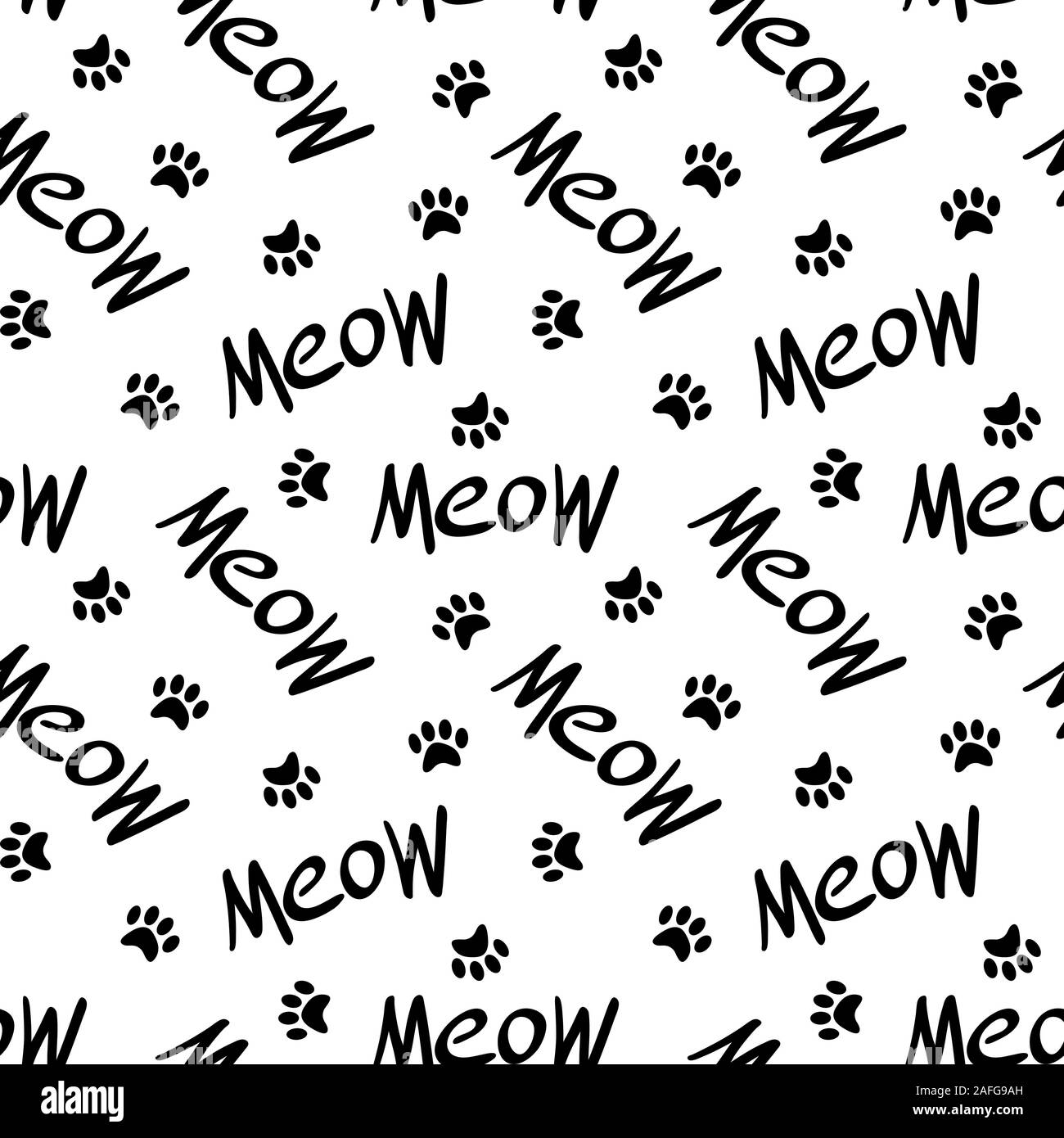 Seamless pattern with black meow lettering and paw prints. Simple ...