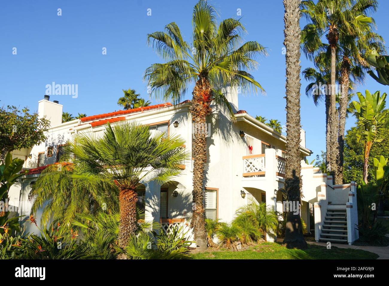 Typical Southern California Spanish style residential condo surrounded ...