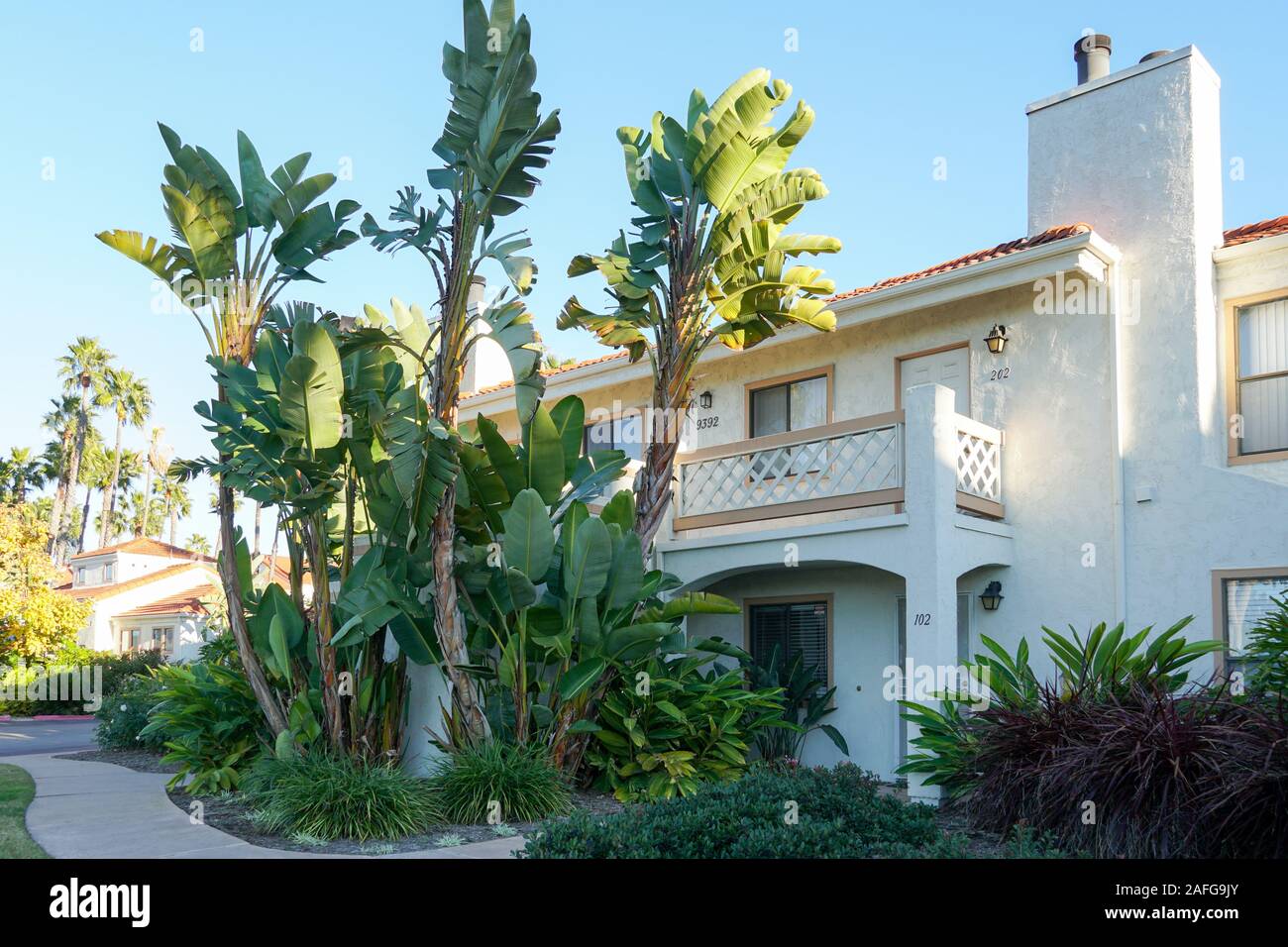 Typical Southern California Spanish style residential condo surrounded ...