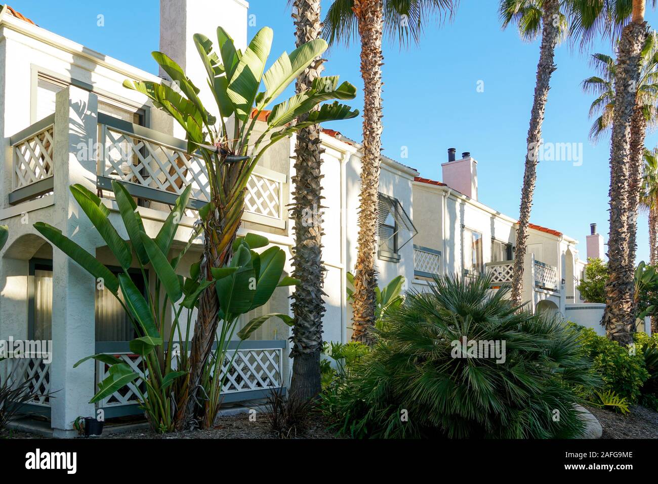 Typical Southern California Spanish style residential condo surrounded ...
