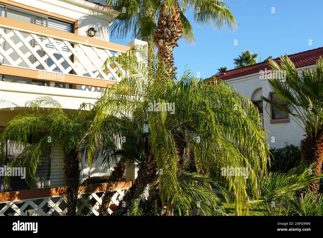 Typical Southern California Spanish style residential condo surrounded ...