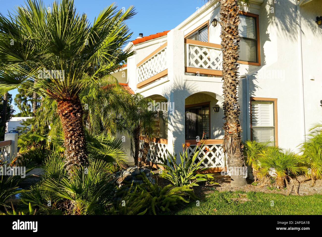 Typical Southern California Spanish style residential condo surrounded ...