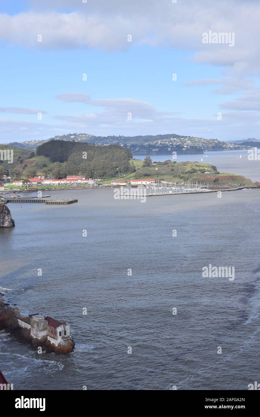 View of Marin County from the Golden Gate Bridge. Historic Lime Point ...