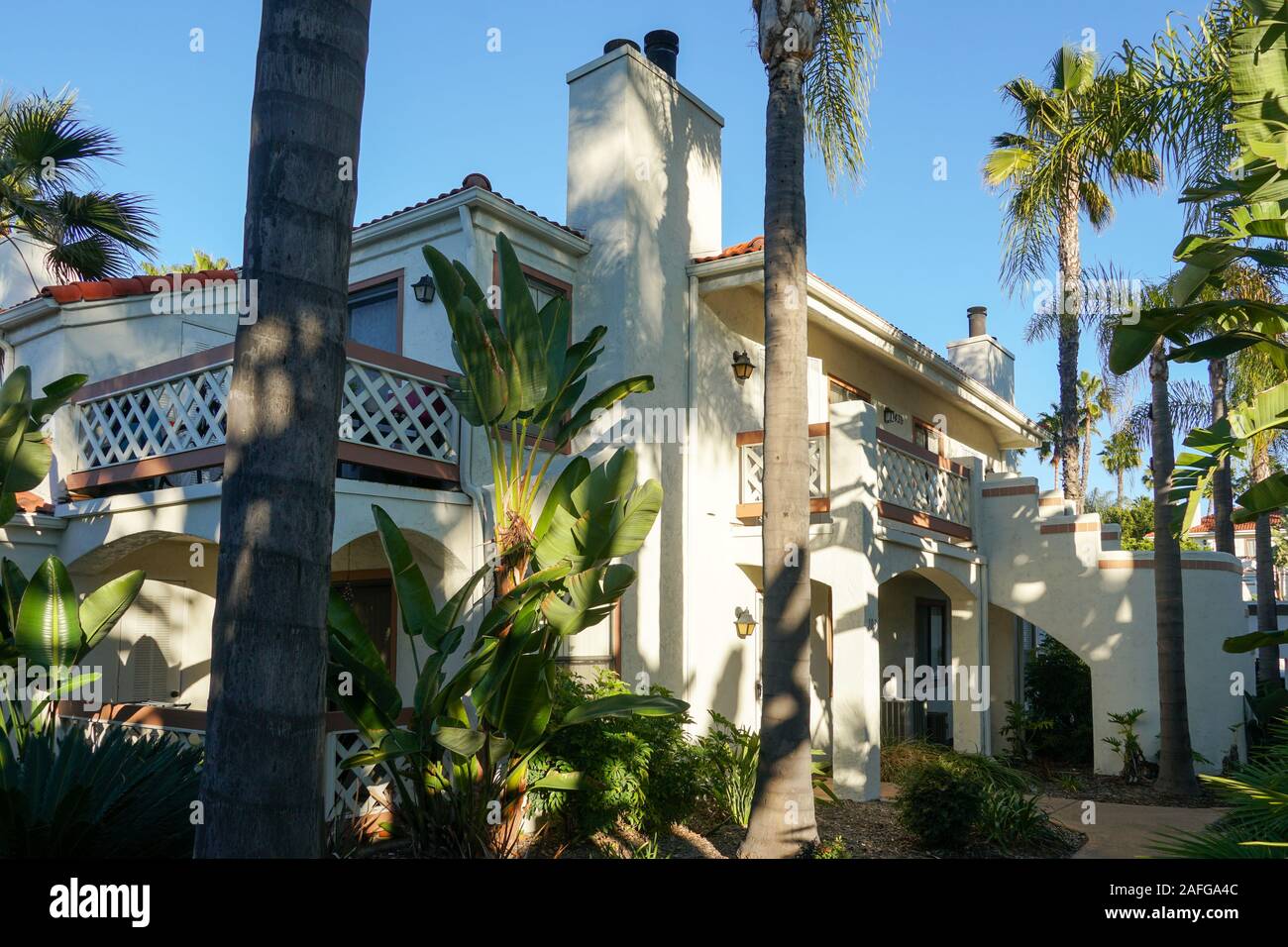 Typical Southern California Spanish style residential condo surrounded ...