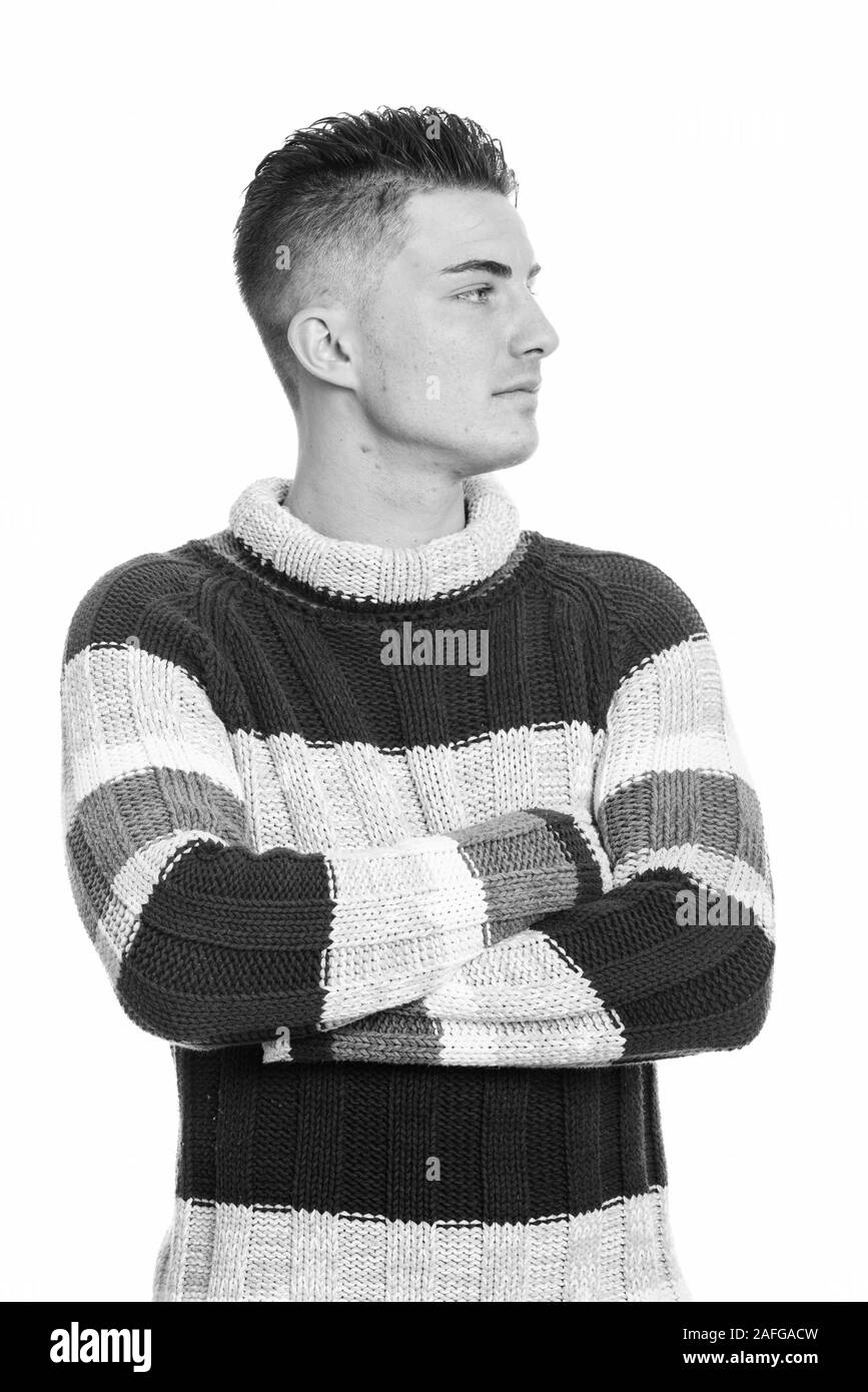 Young man side view crossed arms Black and White Stock Photos & Images ...