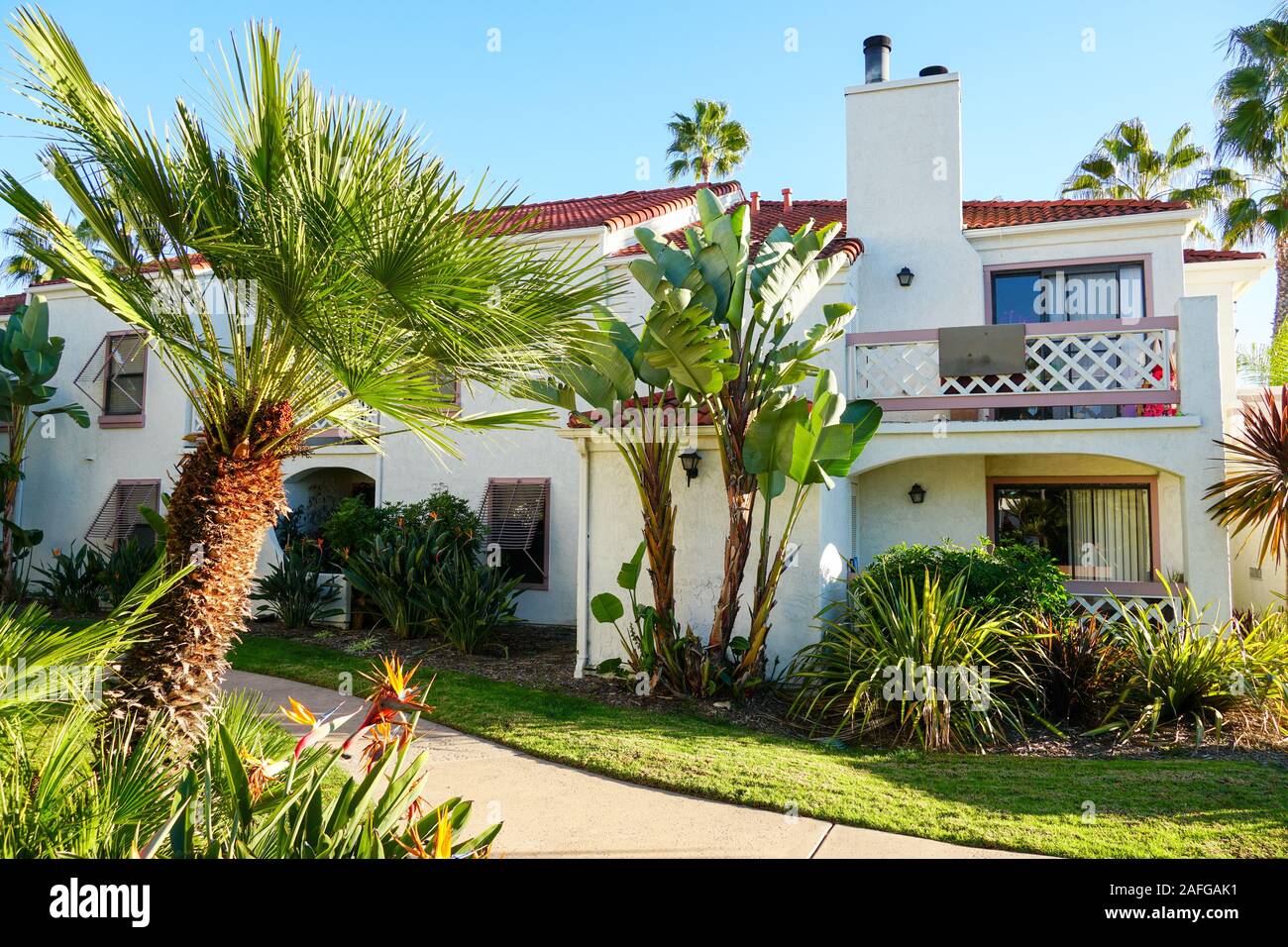 Typical Southern California Spanish style residential condo surrounded ...