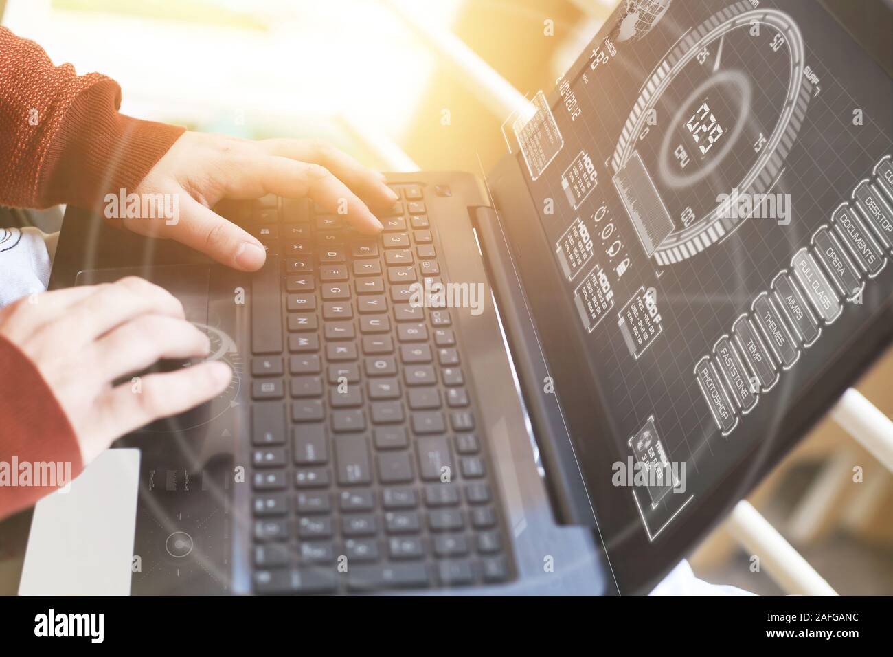 Photo of hands working on the laptop. Isolated on a white background ...