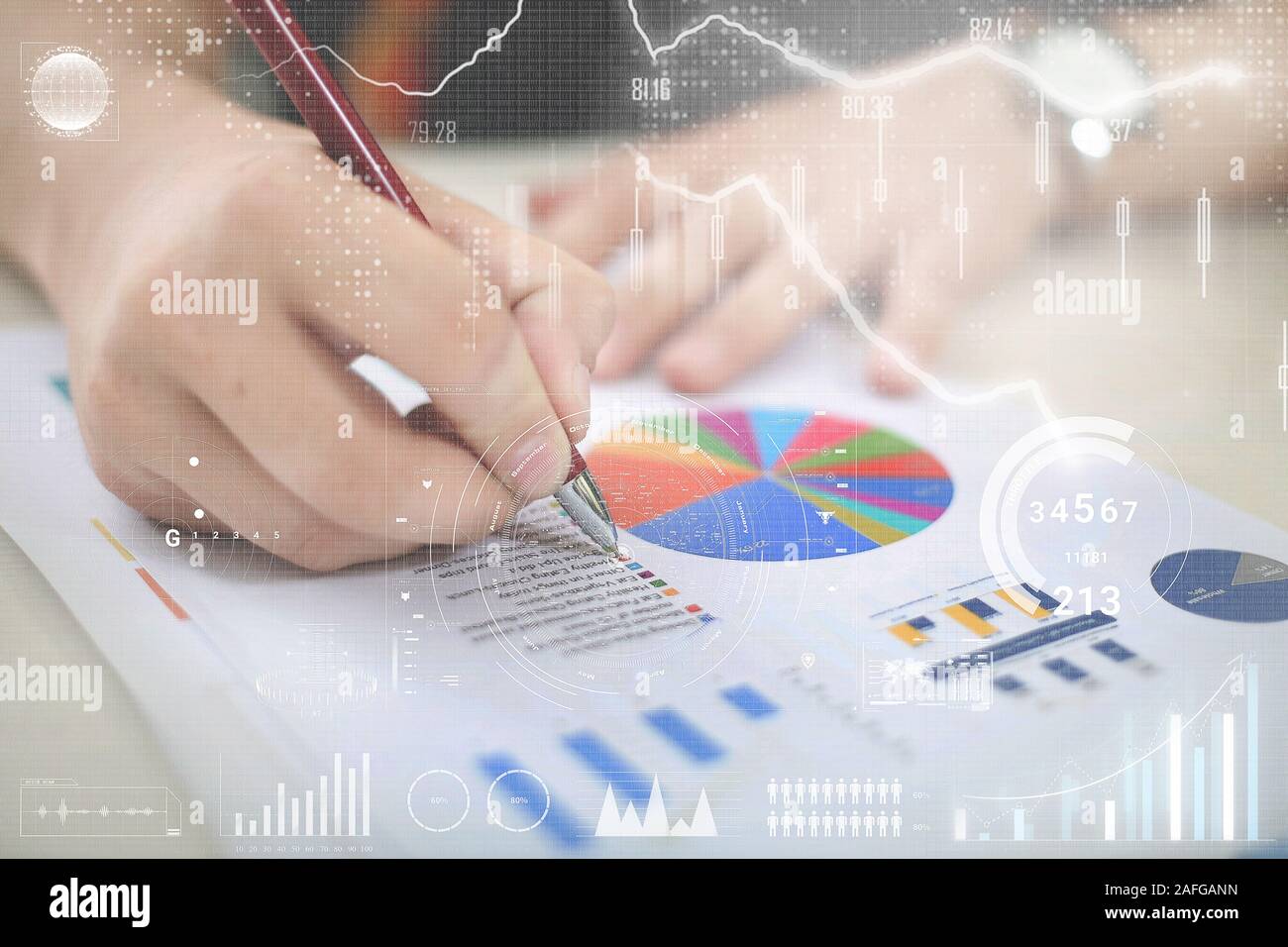 Photo of hands working on the graph chart with the pen. Isolated on a ...