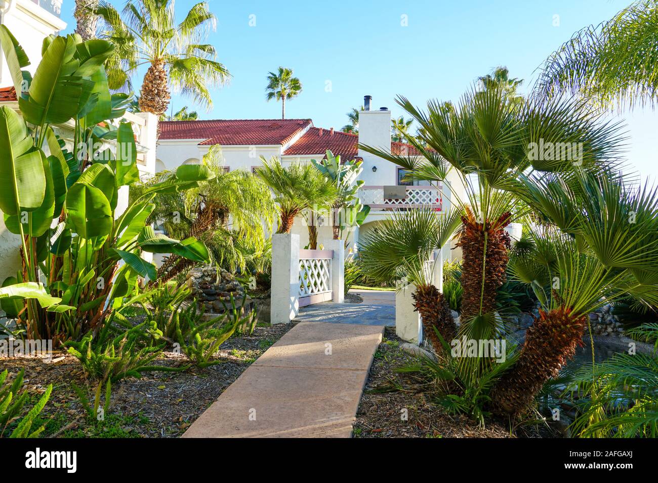 Typical Southern California Spanish style residential condo surrounded ...